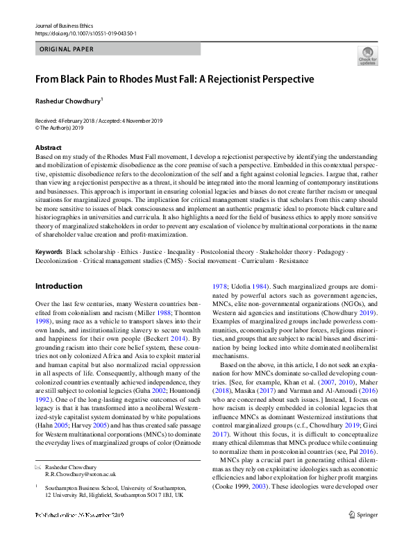 (PDF) From Black Pain to Rhodes Must Fall: A Rejectionist Perspective