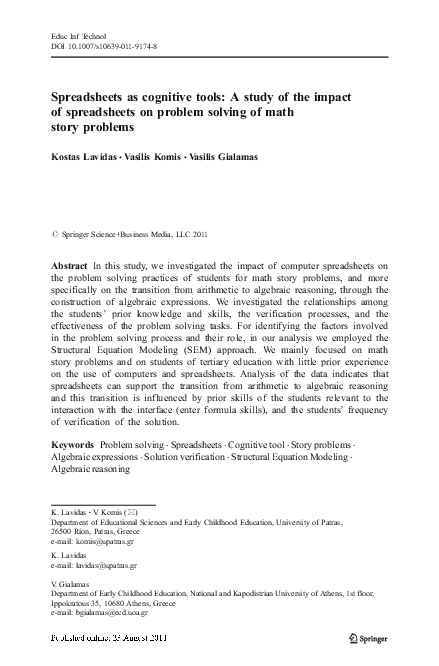 (PDF) Spreadsheets as cognitive tools: A study of the impact of spreadsheets on problem solving ...