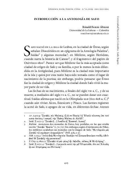(PDF) Introducción a la antología de Safo