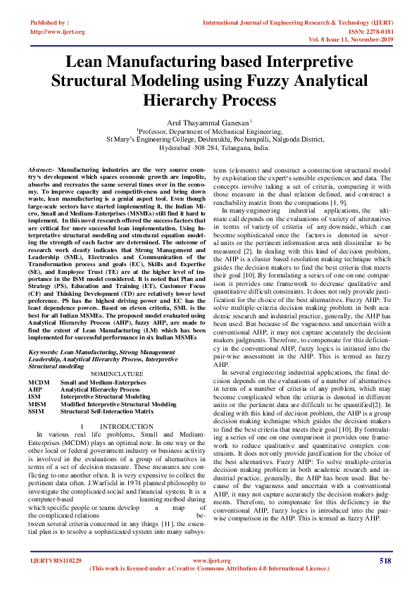 Pdf Ijert Lean Manufacturing Based Interpretive Structural Modeling Using Fuzzy Analytical
