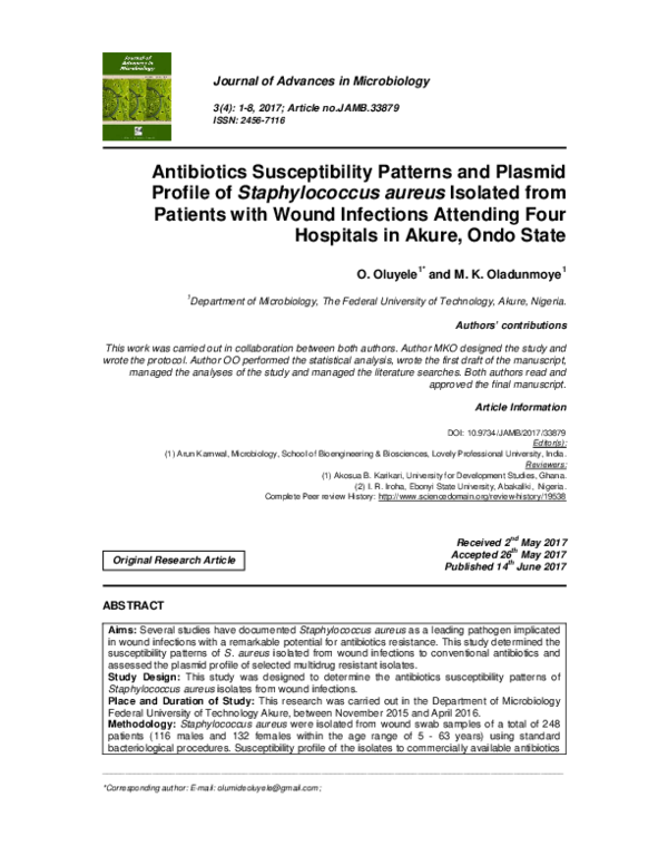 (PDF) Antibiotics Susceptibility Patterns and Plasmid Profile of Staphylococcus aureus Isolated ...