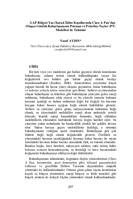 (PDF) GAP Bölgesi Yarı Kurak İklim Koşullarında Class A Pan'dan Oluşan ...