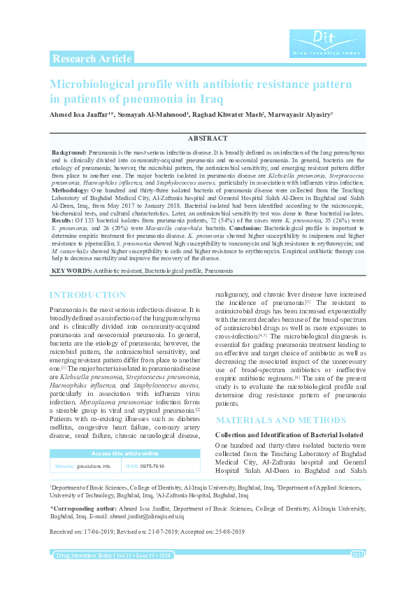 (PDF) Microbiological profile with antibiotic resistance pattern in patients of pneumonia in Iraq