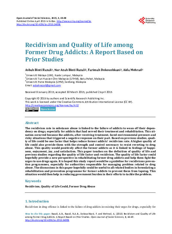 (PDF) Recidivism and Quality of Life among Former Drug Addicts: A ...