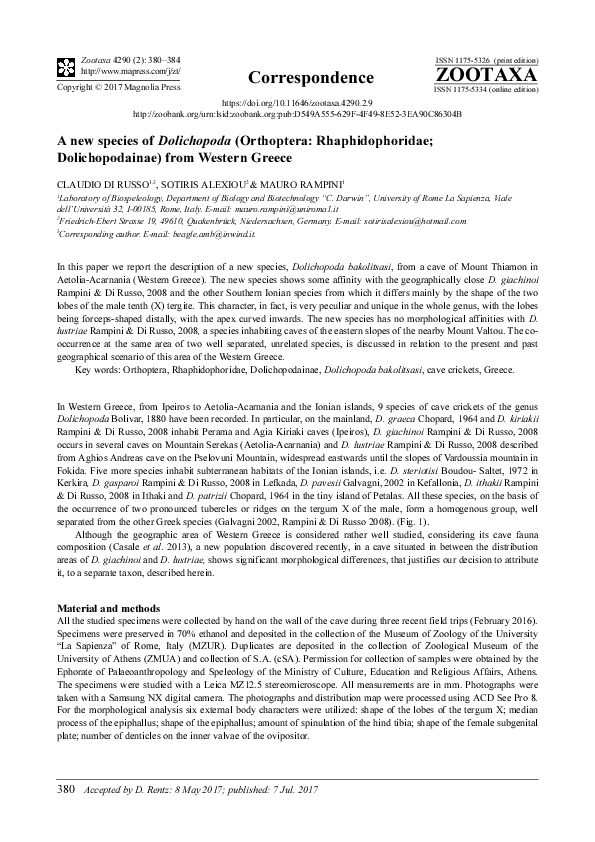 (PDF) A new species of Dolichopoda (Orthoptera: Rhaphidophoridae ...