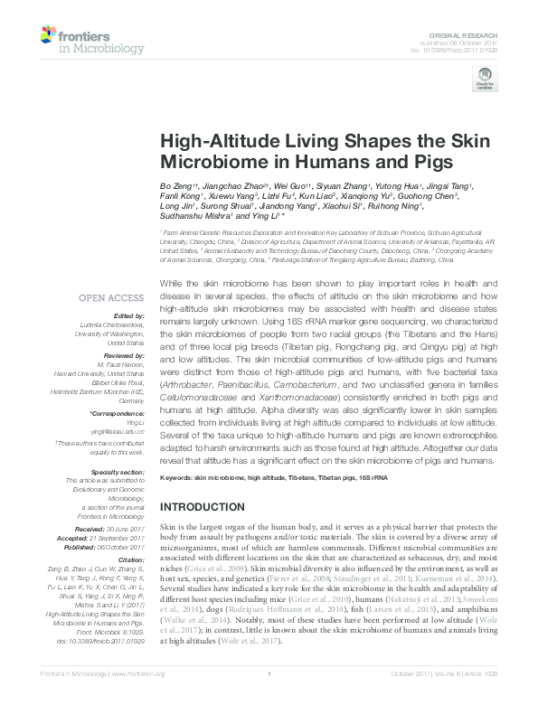 (PDF) High-Altitude Living Shapes the Skin Microbiome in Humans and Pigs