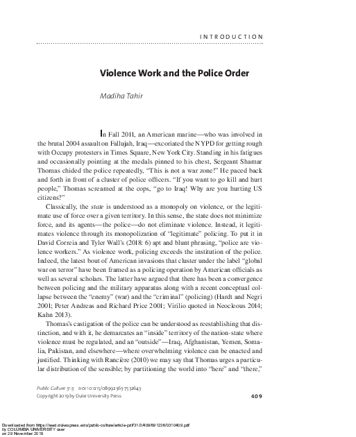 (PDF) Introduction: Violence Work and the Police Order