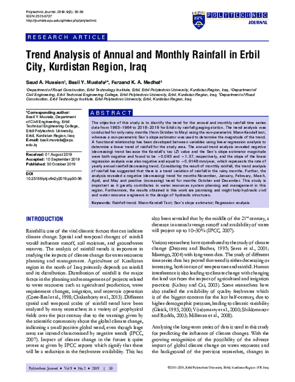 (PDF) Trend Analysis of Annual and Monthly Rainfall in Erbil City -Kurdistan Region-Iraq