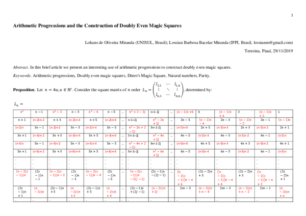 (PDF) Arithmetic Progressions and the Construction of Doubly Even Magic Squares