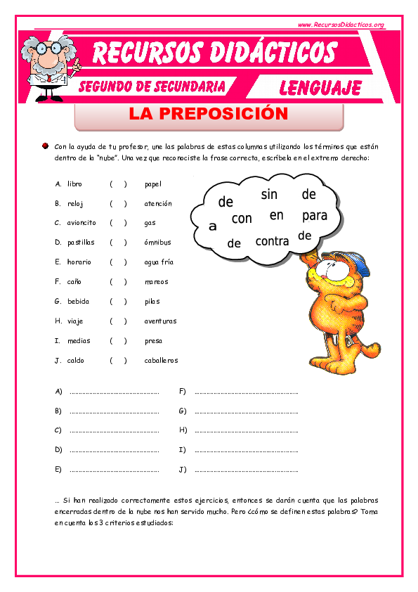 Hoja De Trabajo De Preposiciones Para La Escuela Secundaria Ficha De