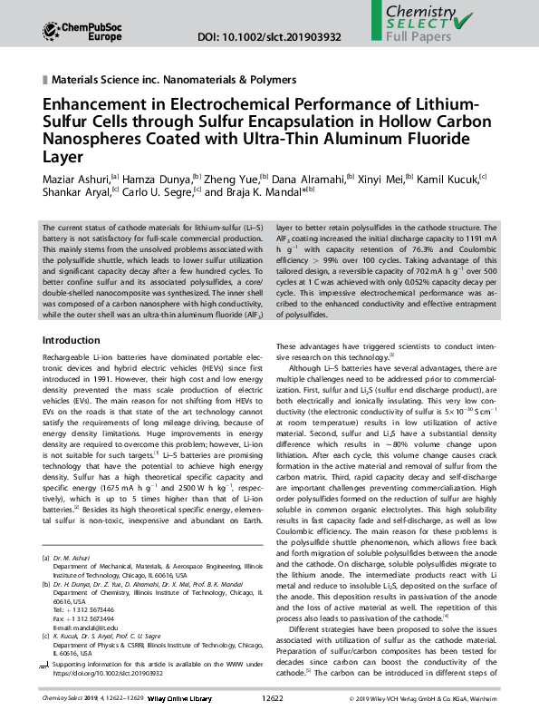 (PDF) Enhancement in Electrochemical Performance of Lithium- Sulfur ...