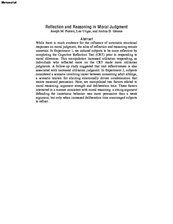 (PDF) Reflection and Reasoning in Moral Judgment