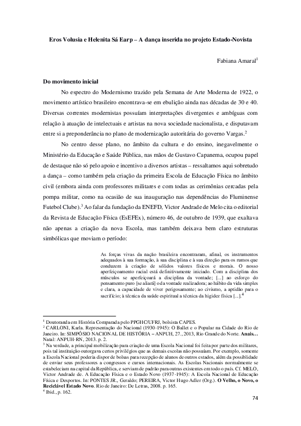Eros Volusia e Helenita Sá Earp - A dança inserida no projeto Estado ...