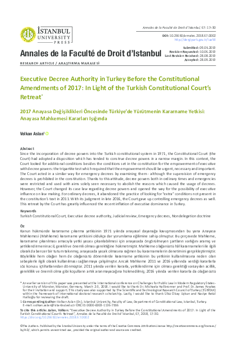 (PDF) Executive Decree Authority in Turkey Before the Constitutional ...