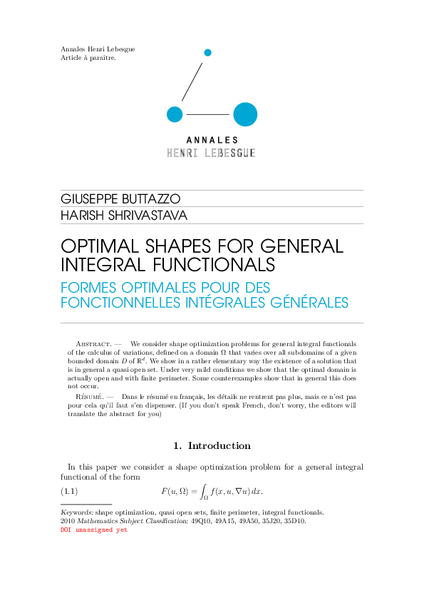 (PDF) OPTIMAL SHAPES FOR GENERAL INTEGRAL FUNCTIONALS FORMES OPTIMALES ...