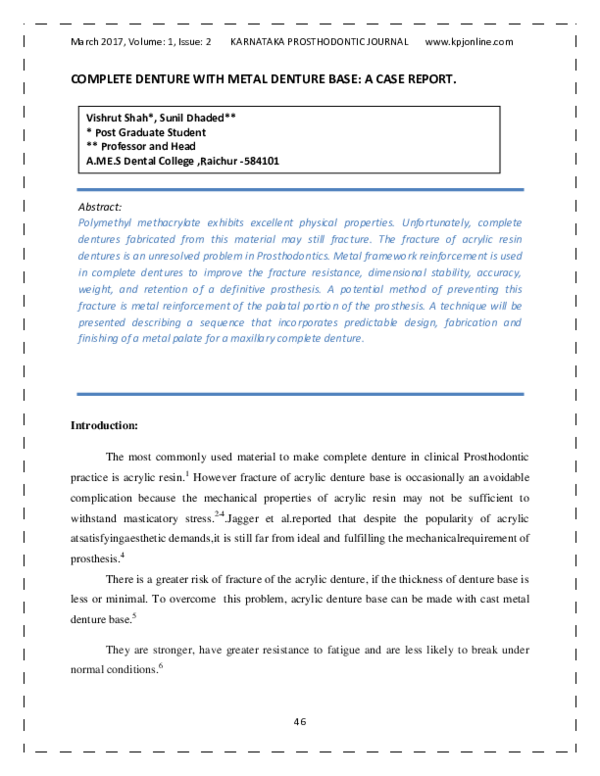 (PDF) COMPLETE DENTURE WITH METAL DENTURE BASE: A CASE REPORT. Introduction