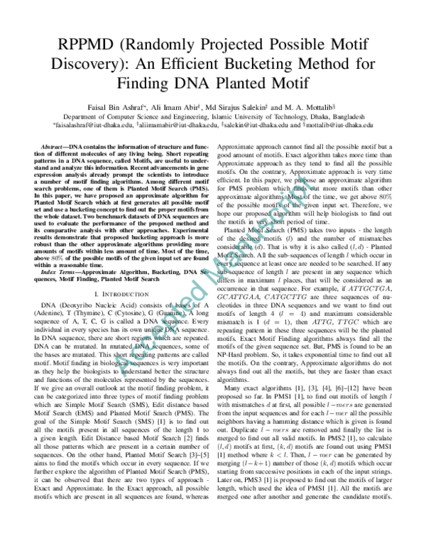 (PDF) RPPMD (Randomly Projected Possible Motif Discovery): An Efficient Bucketing Method for ...