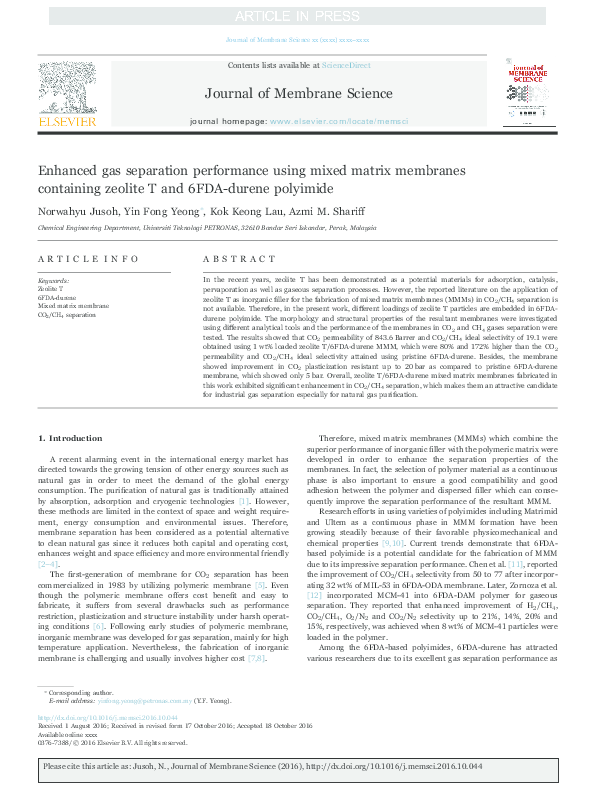 Pdf Enhanced Gas Separation Performance Using Mixed Matrix Membranes