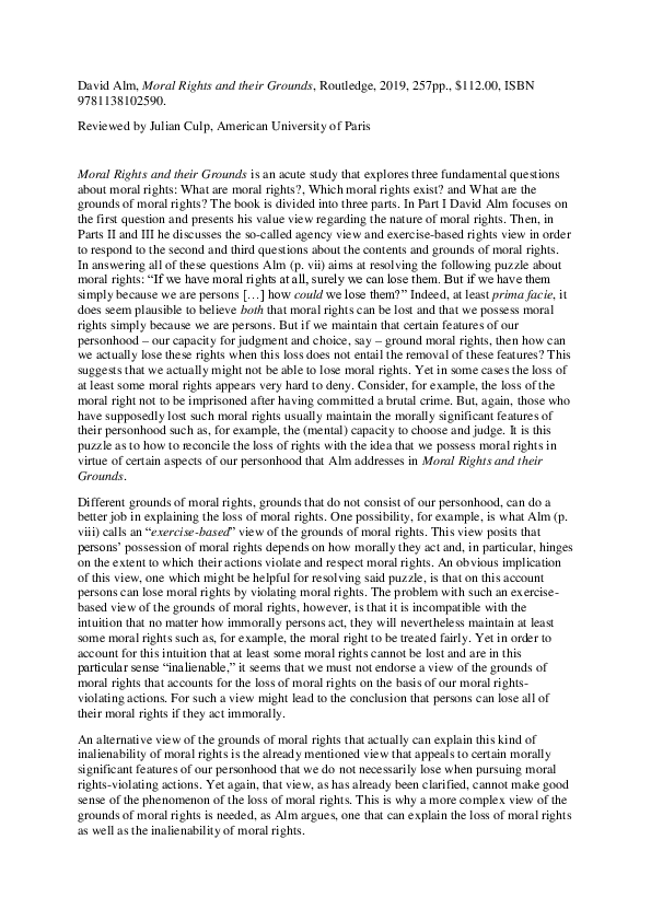 2019. Book Review of David Alm's Moral Rights and their Grounds