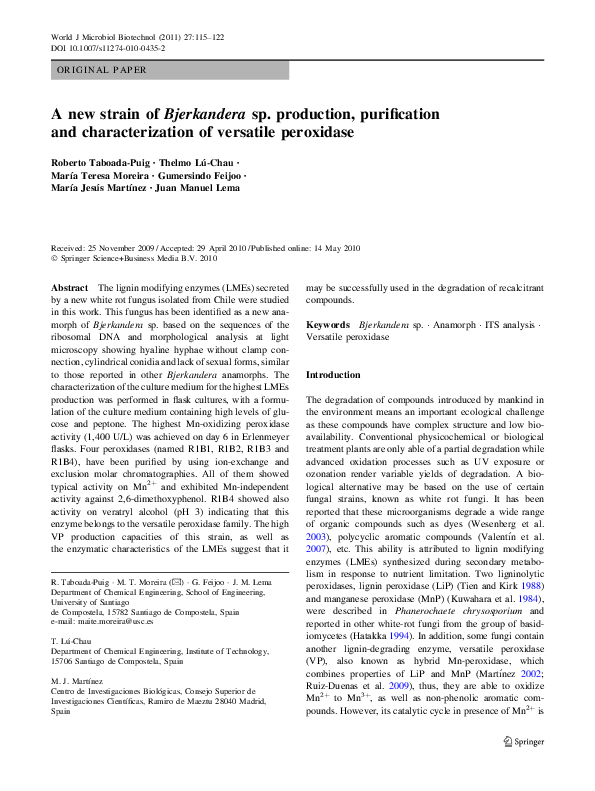 (PDF) A new strain of Bjerkandera sp. production, purification and ...