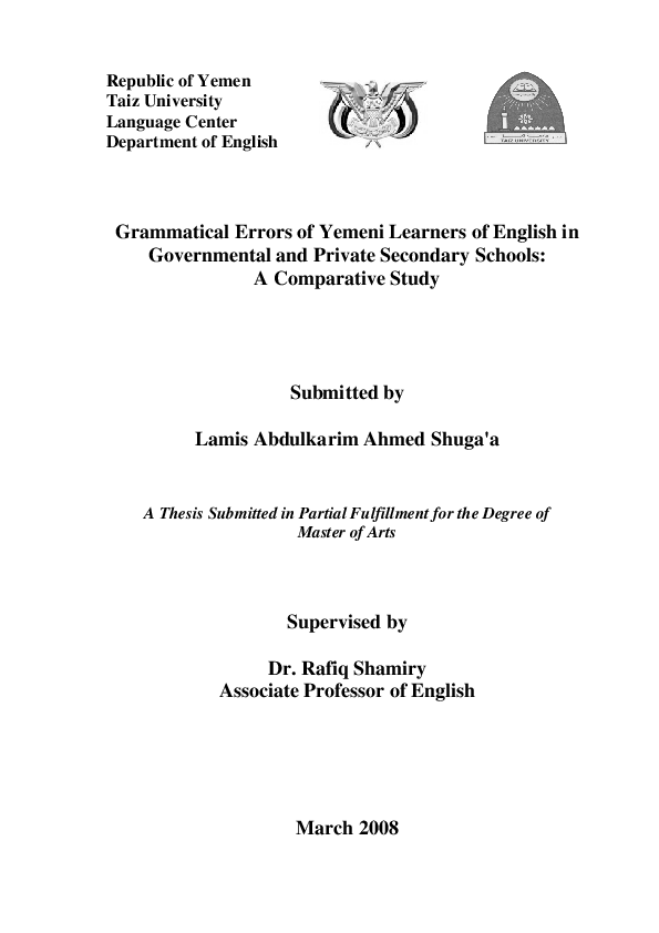 (PDF) Grammatical Errors of Yemeni Learners of English in Governmental and Private Secondary ...