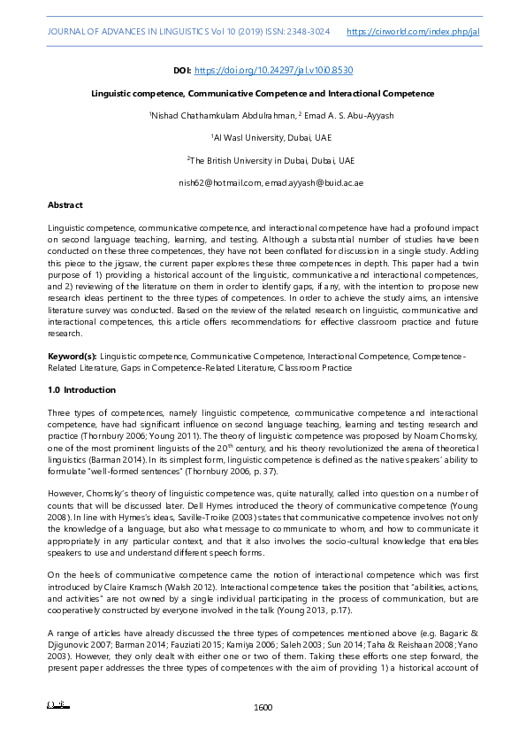 (PDF) Linguistic competence, Communicative Competence and Interactional Competence