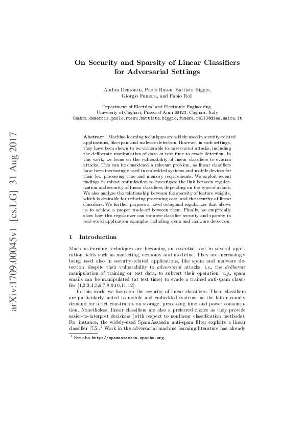 Pdf On Security And Sparsity Of Linear Classifiers For Adversarial