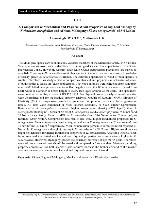 (PDF) A COMPARISON OF MECHANICAL AND PHYSICAL WOOD PROPERTIES OF BIG-LEAF MAHOGANY (Swietenia ...