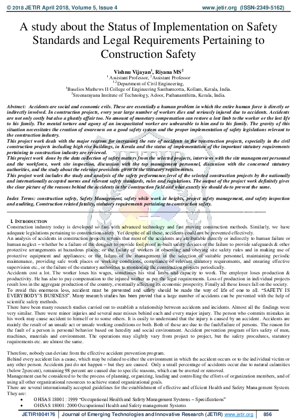 (PDF) A study about the Status of Implementation on Safety Standards ...