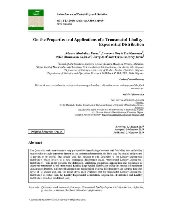 Pdf On The Properties And Applications Of A Transmuted Lindley Exponential Distribution