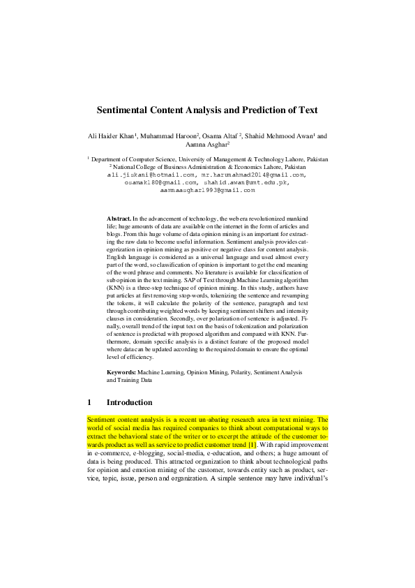 (DOC) Sentimental Content Analysis and Prediction of Text