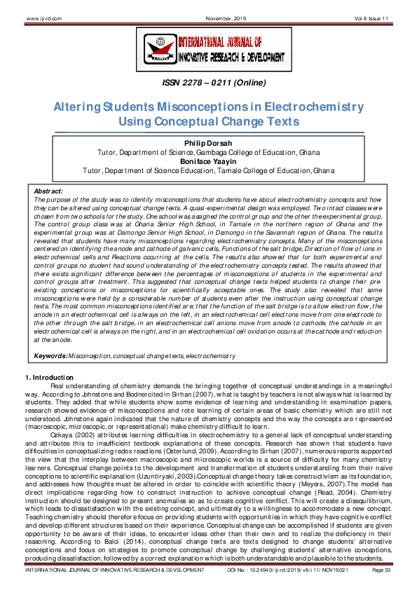 (PDF) Altering Students Misconceptions in Electrochemistry Using Conceptual Change Texts