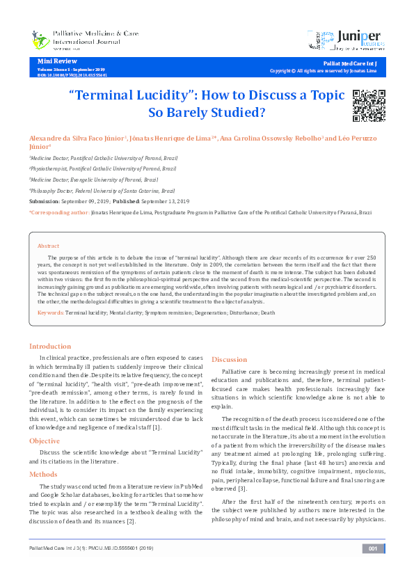 (PDF) "Terminal Lucidity": How to Discuss a Topic So Barely Studied
