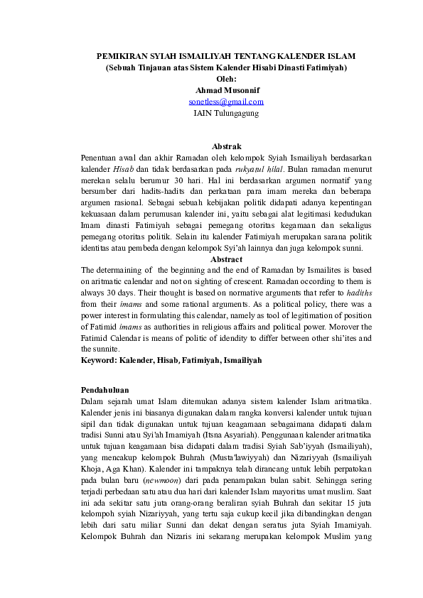 PEMIKIRAN SYIAH ISMAILIYAH TENTANG KALENDER ISLAM (Sebuah Tinjauan atas ...
