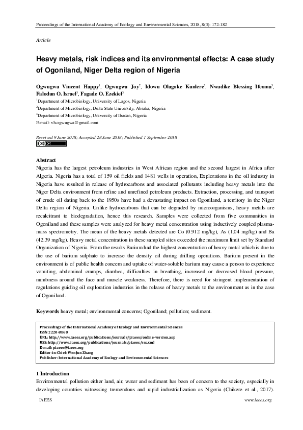 (PDF) Heavy metals, risk indices and its environmental effects: A case ...