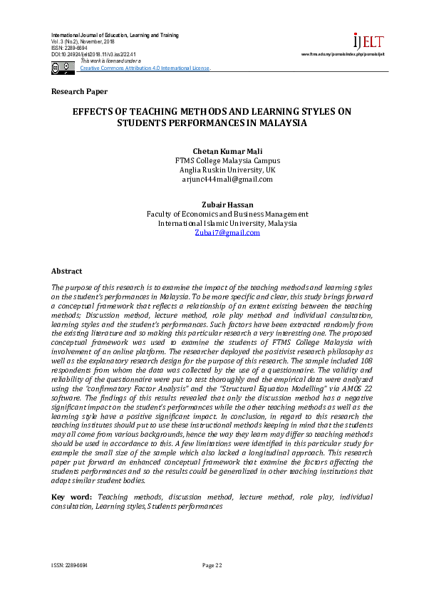 (PDF) EFFECTS OF TEACHING METHODS AND LEARNING STYLES ON STUDENTS PERFORMANCES IN MALAYSIA
