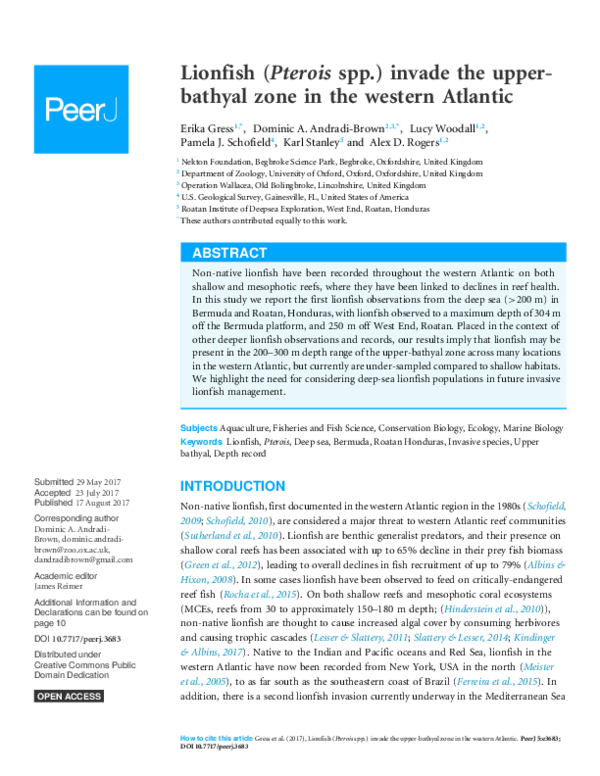 (PDF) Lionfish (Pterois spp.) invade the upper-bathyal zone in the ...