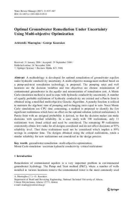(PDF) Optimal Groundwater Remediation Under Uncertainty Using Multi-objective Optimization