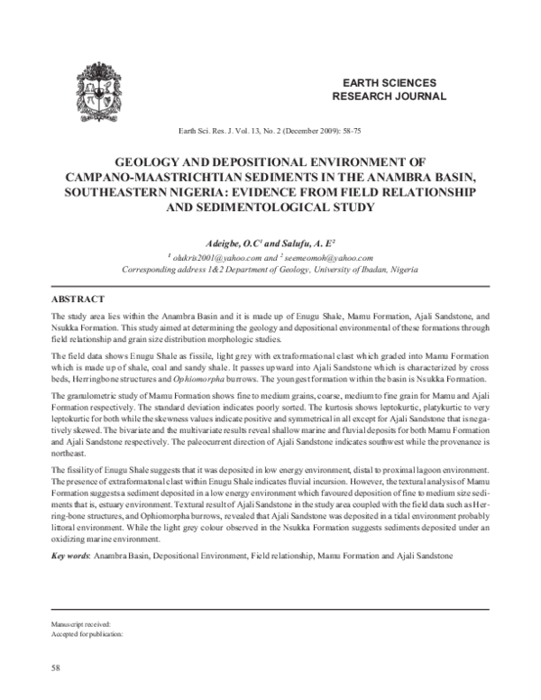 (PDF) EARTH SCIENCES RESEARCH JOURNAL GEOLOGY AND DEPOSITIONAL ...