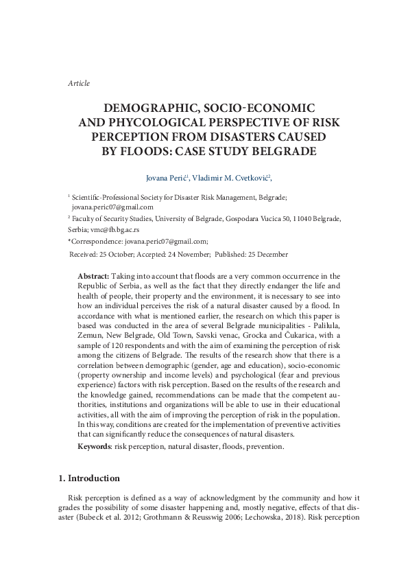 (PDF) Demographic, socio-economic and phycological perspective of risk perception from disasters ...