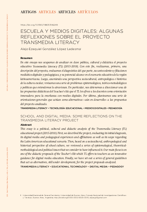 (PDF) Escuela y medios digitales: algunas reflexiones sobre el proyecto ...