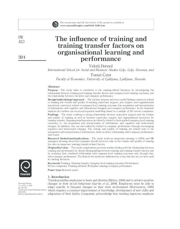(PDF) The influence of training and training transfer factors on ...