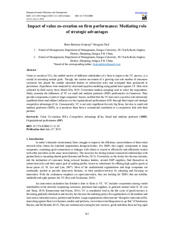 (PDF) Impact of value co-creation on firm performance: Mediating role of strategic advantages