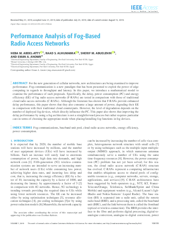 (PDF) Performance Analysis of Fog-Based Radio Access Networks