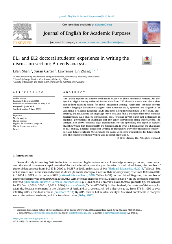(PDF) EL1 and EL2 doctoral students' experience in writing the ...