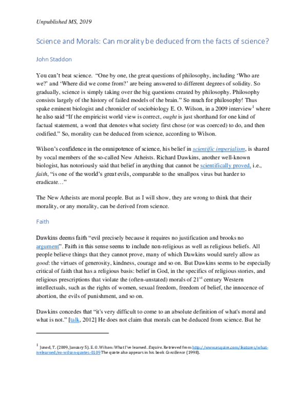 (PDF) Science and Morals: Can morality be deduced from the facts of science