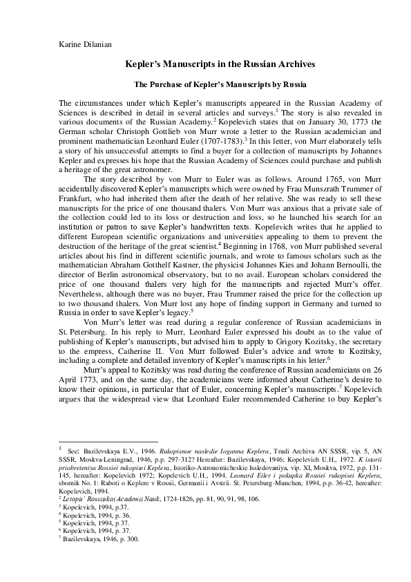 (PDF) Kepler's Manuscripts in the Russian Archives