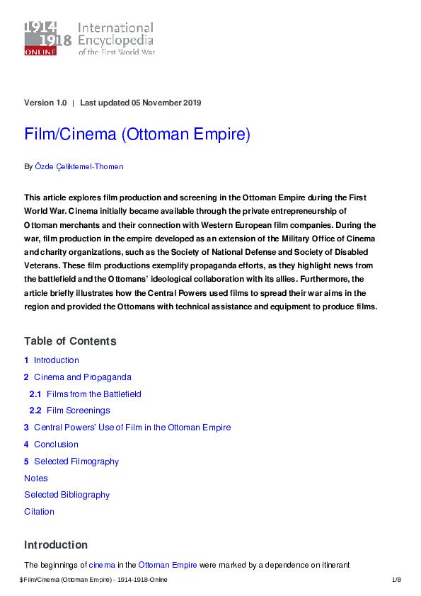 (PDF) “Film/Cinema (Ottoman Empire)”, in: 1914-1918-online ...