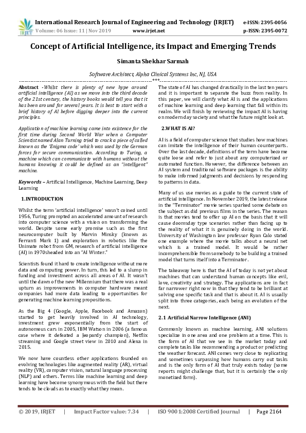 (PDF) Concept of Artificial Intelligence, its Impact and Emerging Trends