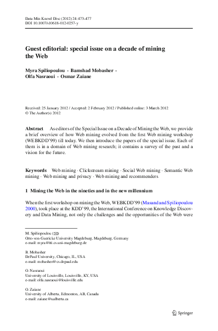 (PDF) Guest editorial: special issue on a decade of mining the Web